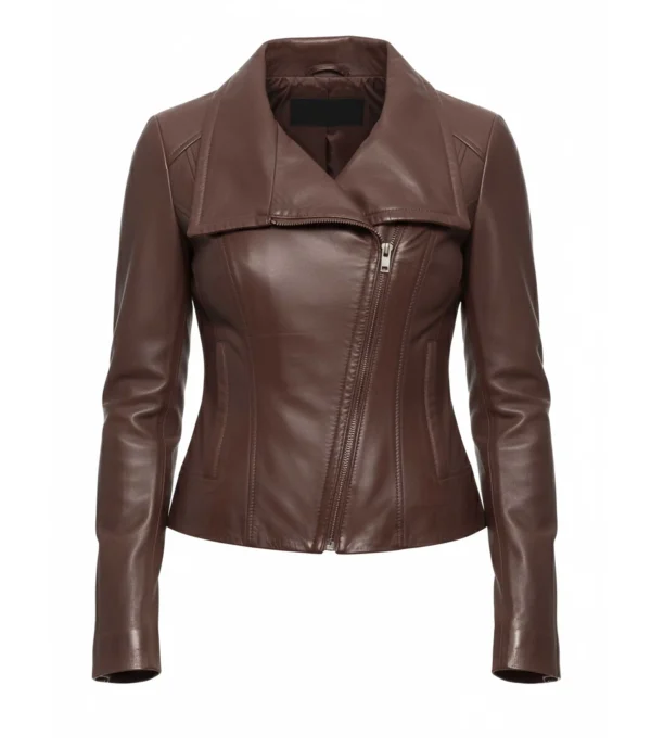Womens Drape Collar Lyla Motorcycle Leather Jacket - Celebsjacket.com